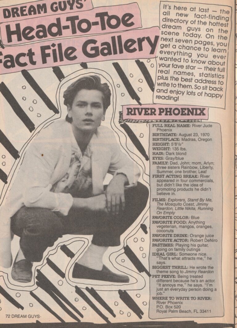 River Phoenix teen magazine clipping head to toe fact file gallery ...