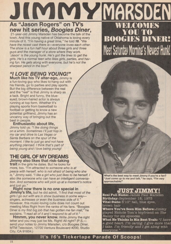 James Marsden teen magazine clipping Boogies Diner 16 mag – Teen Stars ...