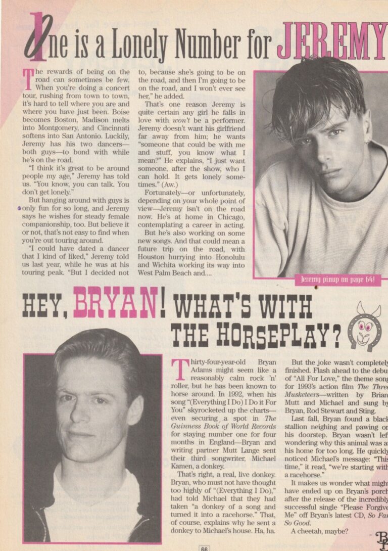 Jeremy Jordan Bryan Adams teen magazine clipping one lonely number BB ...