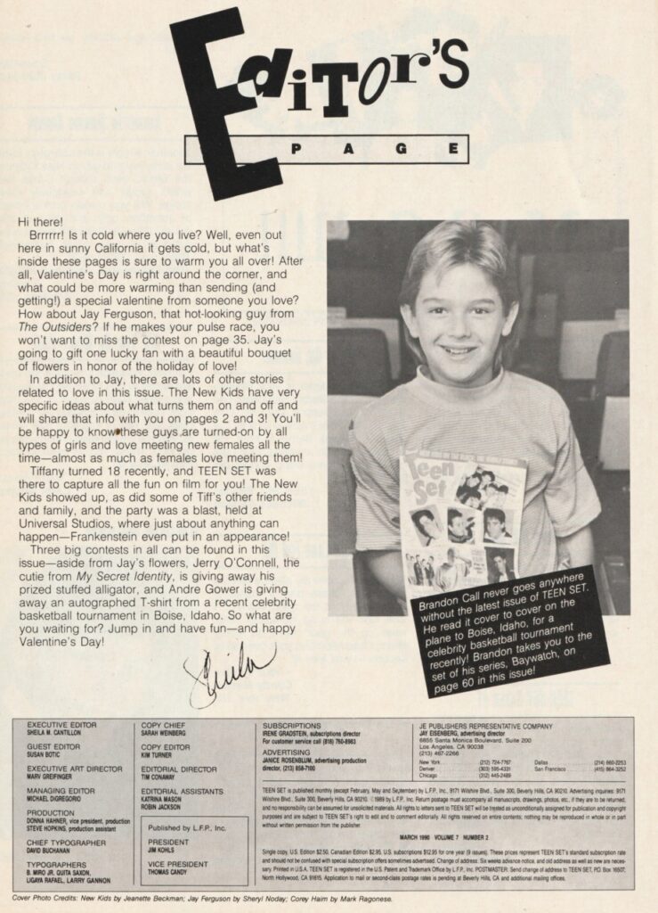 Brandon Call teen magazine clipping Editors Teen Set 90’s teen idols ...