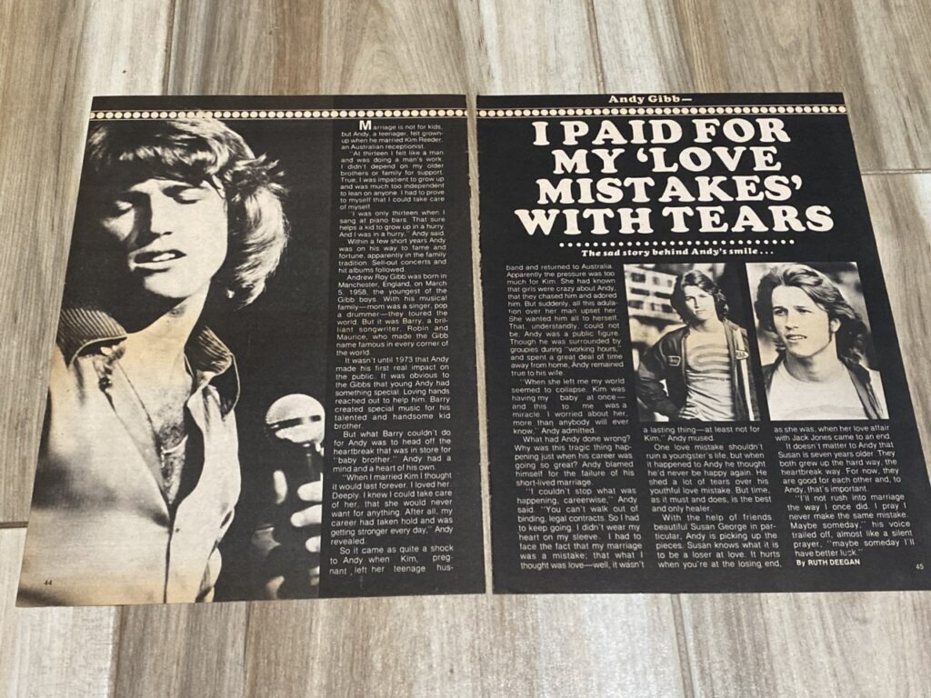 Andy Gibb teen magazine clipping I paid for my love mistakes with tears ...