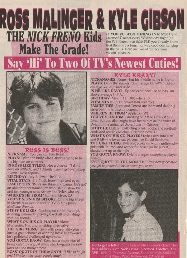 Kyle Gibson Ross Malinger teen magazine pinup clipping Nick Freno kids ...