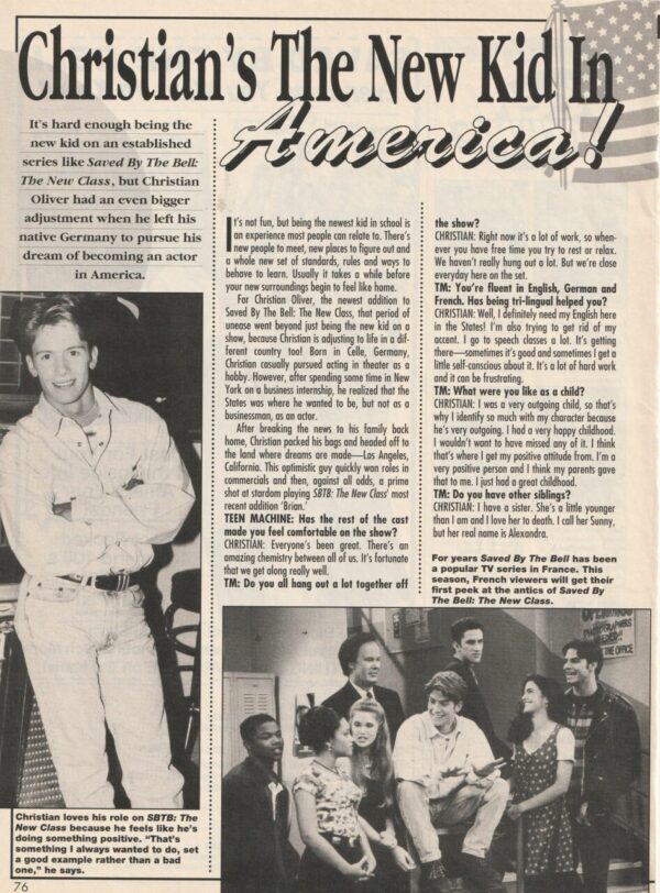Christian Oliver teen magazine clipping New Kid in America Saved by the ...